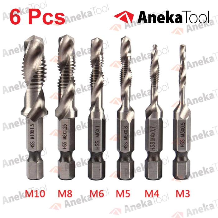 Jual Mata Bor Pembuat Ulir Drat 6Pcs Drill Tap set M3-M10 Hex Twist ...