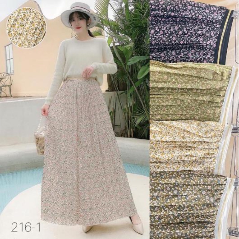 Jual Korean Chiffon Flower Pleated Long Skirt with Gold List Premium ...