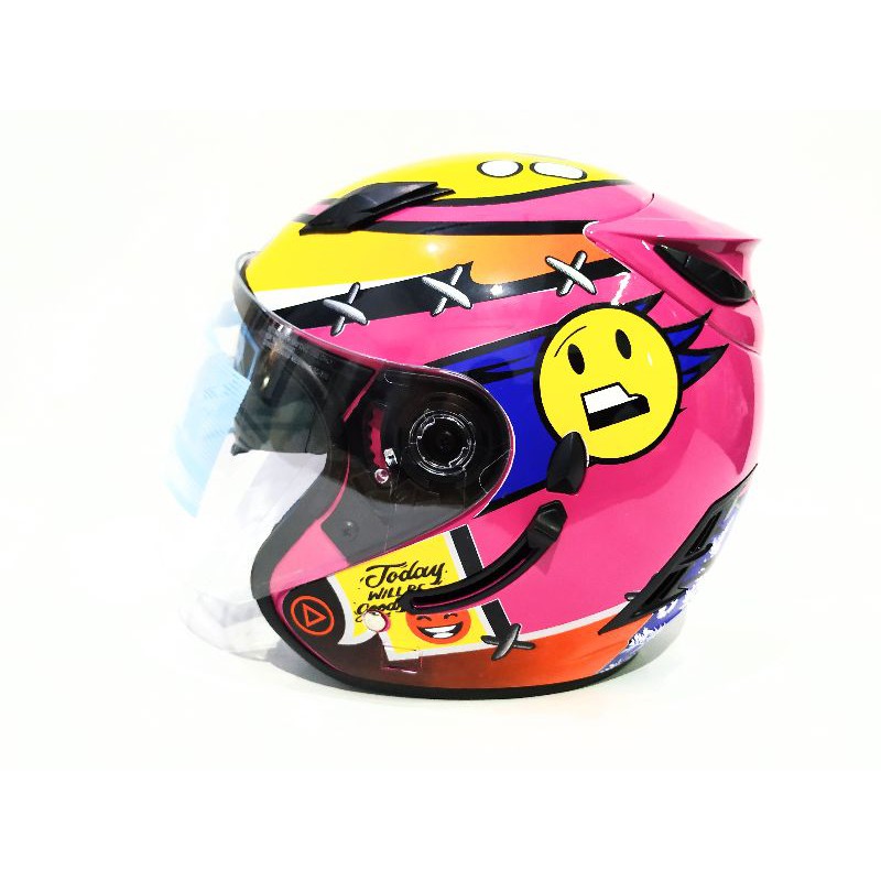 Jual HELM ARL CENTRO DOUBLE VISOR EMOJI SMILE PINK HALF FACE SNI ...