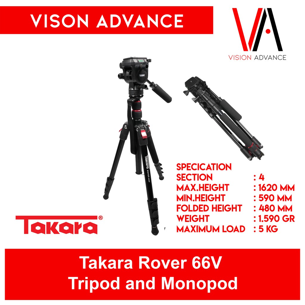 Jual Takara Rover 66V Fluid Head Compact 2 in 1 Traveller Tripod ...