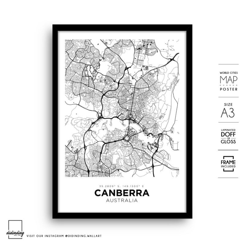 Jual Canberra City Map Art Poster Peta Australia Hiasan Dinding Frame ...