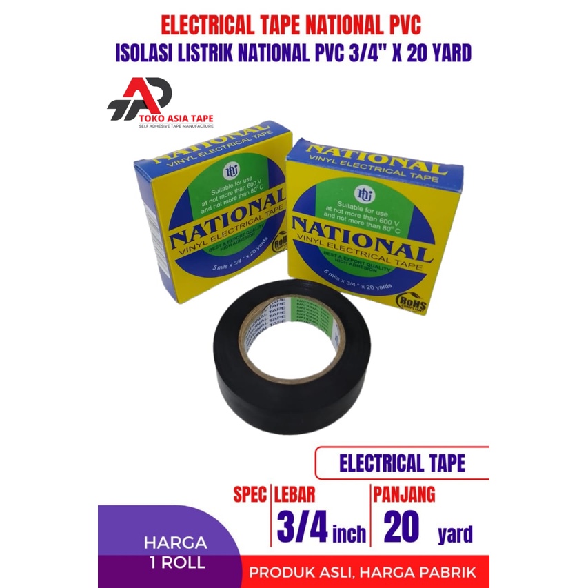 Jual ELECTRICAL TAPE NATIONAL PVC 3/4" X 20 YARD NATIONAL ISOLASI ...