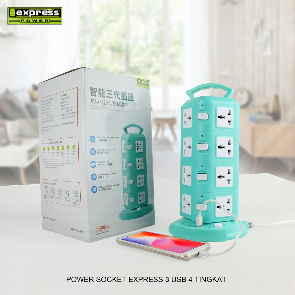 Jual POWER SOCKET 4 TINGKAT + 3 USB 2500W EXPRESS CHARGER STOP KONTAK ...