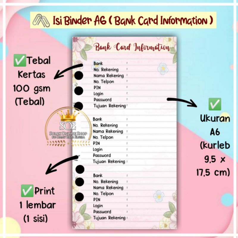 Jual Bank Card Information | Kertas Binder A6 | Shopee Indonesia