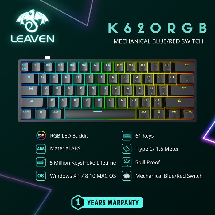 Jual Leaven Keyboard Gaming Mechanical RGB 60% K620 61 Keys Outemu ...