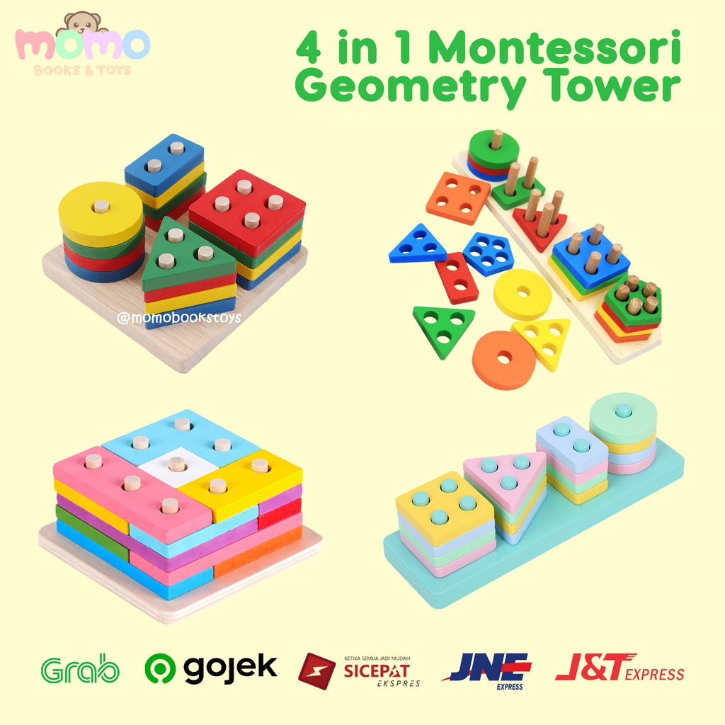 Jual [MOMO] 4 in 1 Montessori Geometry Stacking Tower | Wooden Ring ...