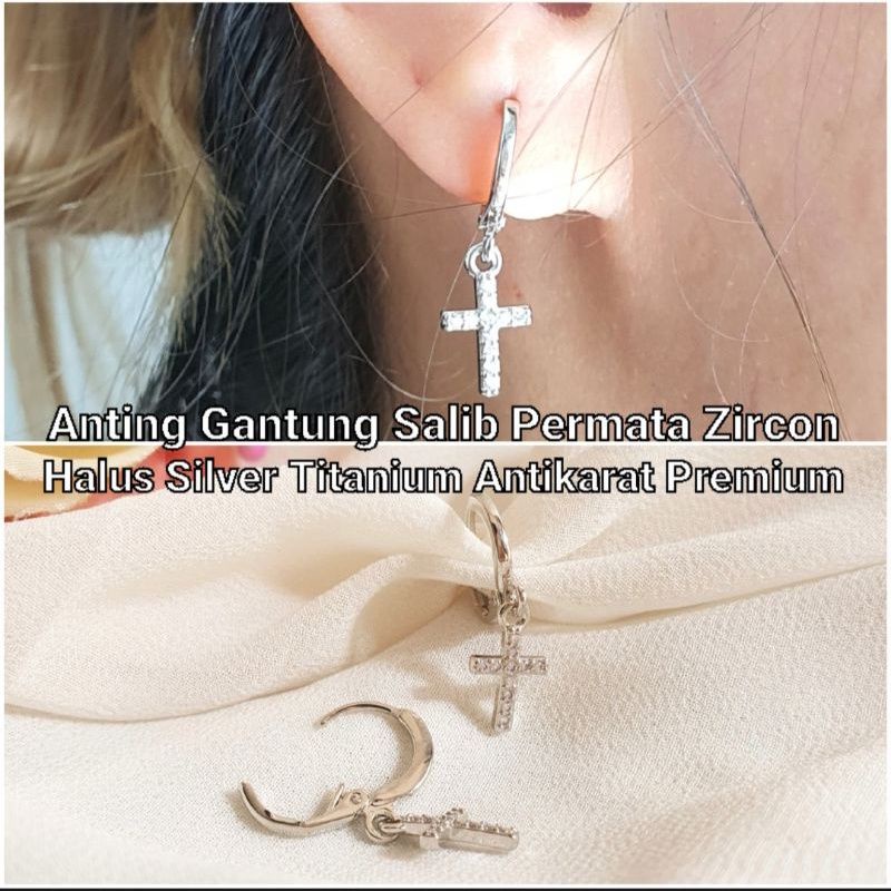 Jual Anting Gantung Klip Salib Permata Sirkon Lux | Shopee Indonesia