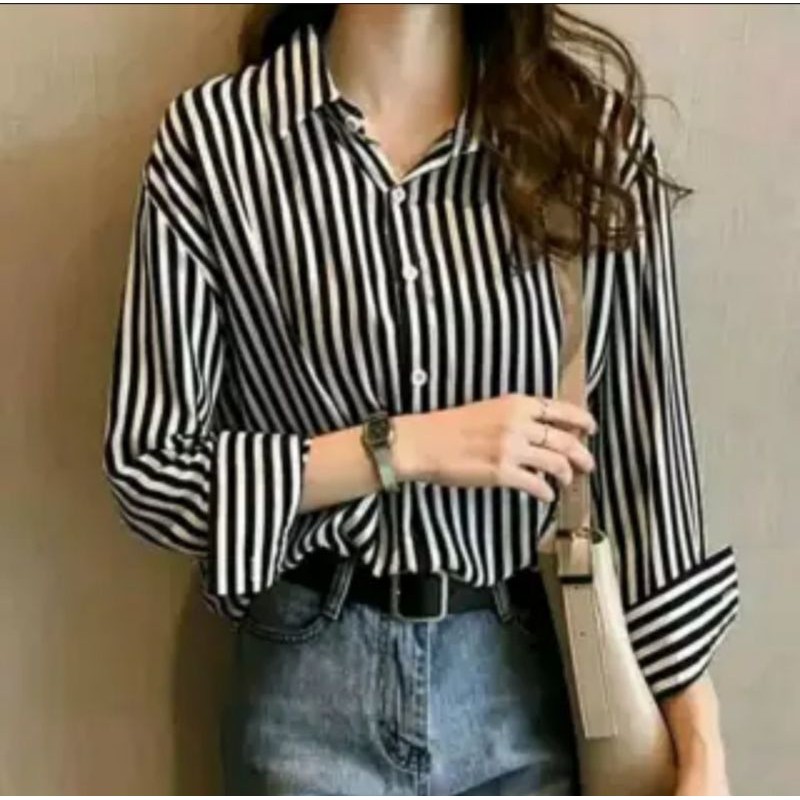 Jual Atasan Kemeja Wanita Basic Salur Lengan Panjang Kemeja Wanita ...