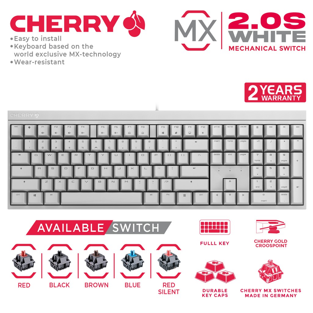 Jual Cherry MX Mechanical Gaming Keyboard White MX 2.0S NBL | Shopee ...
