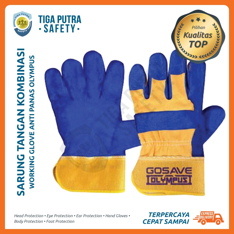 Jual Olympus biru kuning Sarung Tangan Kerja Kulit Las Kombinasi Anti ...