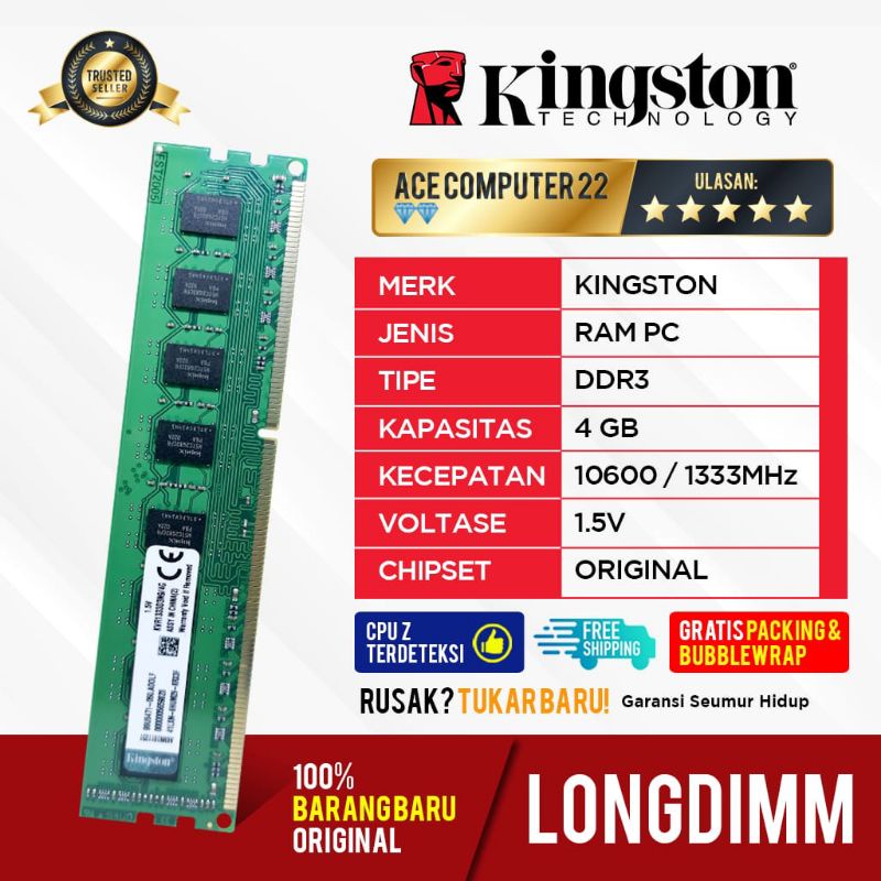 Jual KINGSTON LONGDIMM DDR3 4GB PC 10600 | Shopee Indonesia