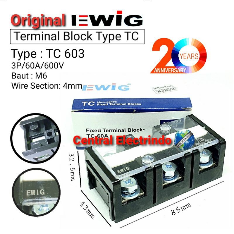 Jual Terminal Block Blok 60A 3Pole (TC 603) EWIG. | Shopee Indonesia