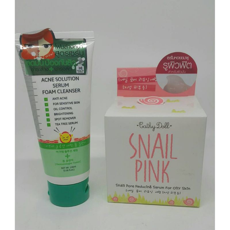 Jual 1 set CATHY DOLL SNAIL PINK + ACNE SOLUTION SERUM FOAM | Shopee ...