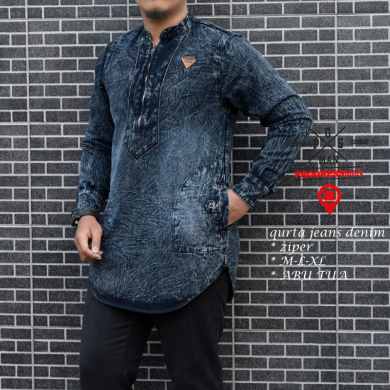 Jual kurta pakistan denim ziper original progressman | Shopee Indonesia