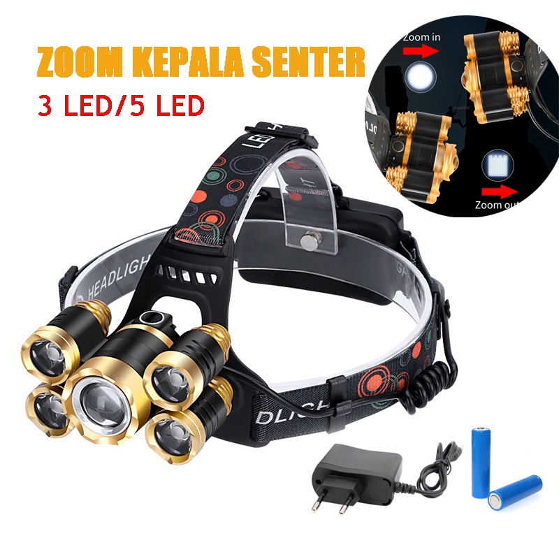 Jual LED Senter Kepala 5 LED Dengan Kecerahan Tinggi 3000 Lumens Super Terang Dapat Mengisi ...