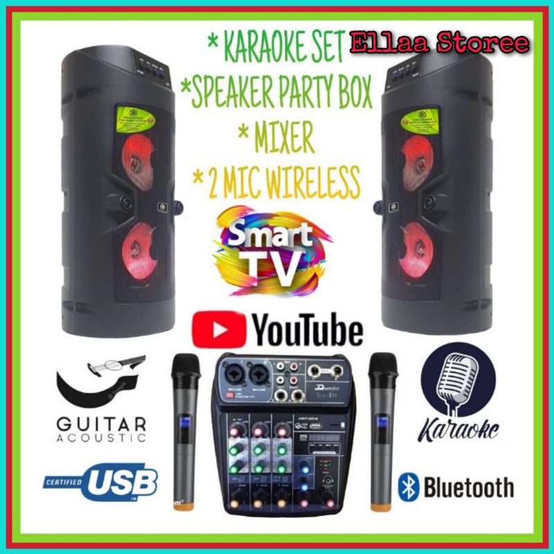 Jual KARAOKE SET PARTY BOX MINI 3R DOBEL MIXER BLUETOOTH 2 MIC WIRELESS ...