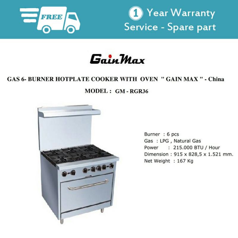 Jual Gas 6 - Burner Hotplate Cooker With Oven Gain Max Model : GM - RGR 36 | Shopee Indonesia