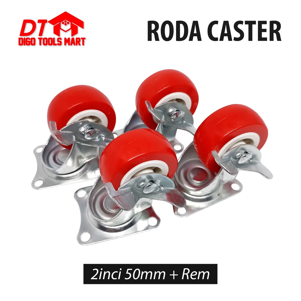 Jual Roda Caster Merah 2 Inci Hidup Plus Rem Kaki Roda Etalase Troli ...