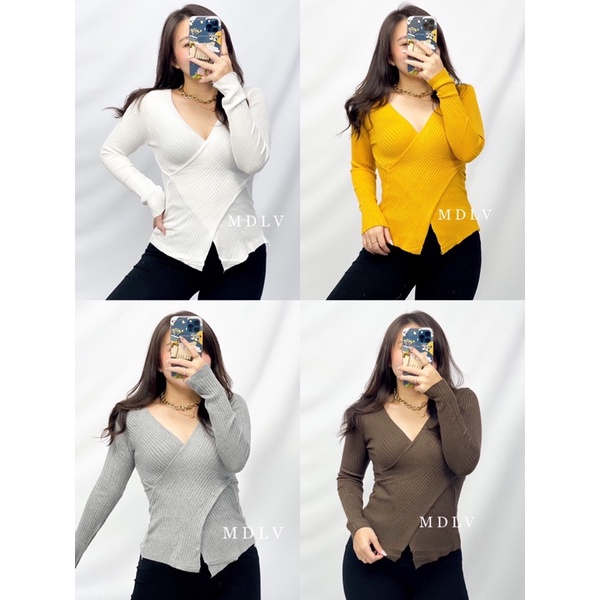Jual MDLV ~ 8699# Julian Knit Wrap Top Atasan Rajut Kerah V Blouse Korea Blouse Premium Fashion ...