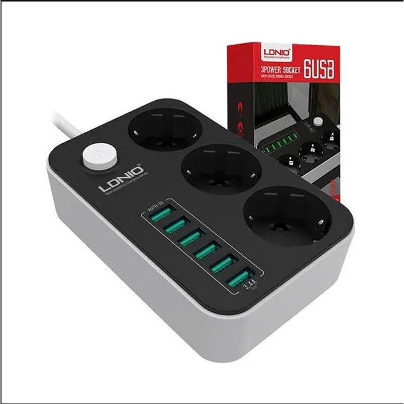 Jual Stop Kontak LDNIO SE3631 Dengan 3 Power Socket & 6 USB fast charging | Shopee Indonesia