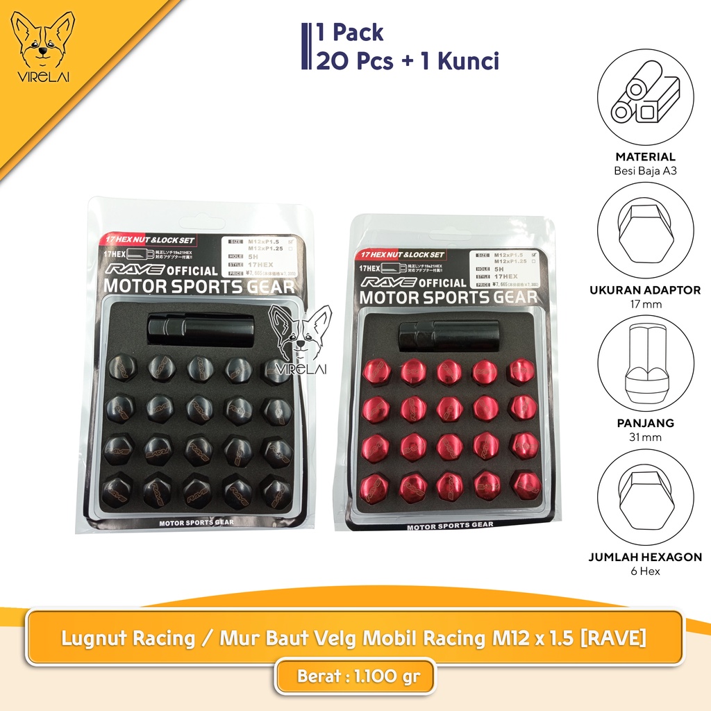 Jual [20 PCS] Lugnut Racing / Mur Baut Velg Mobil Racing M12 x 1.5 / 1. ...