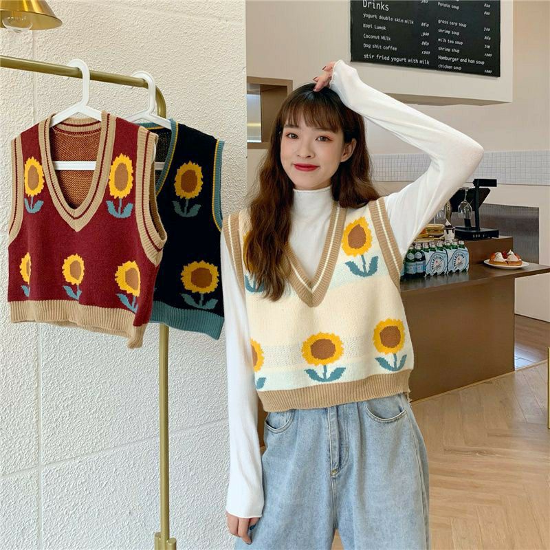 Jual SUNFLOWER VEST ROMPI RAJUT RETRO VNECK BUNGA ALA KOREA | Shopee ...