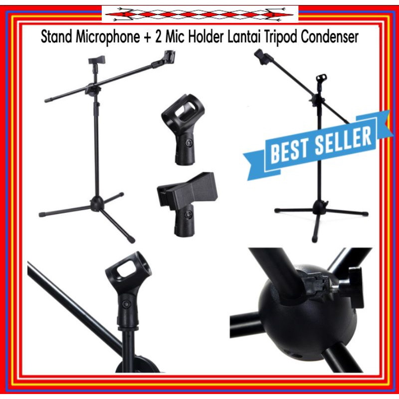 Jual Stand Microphone + Mic Holder / Stand Mic 2 Klip Lantai Tripod Condenser | Shopee Indonesia