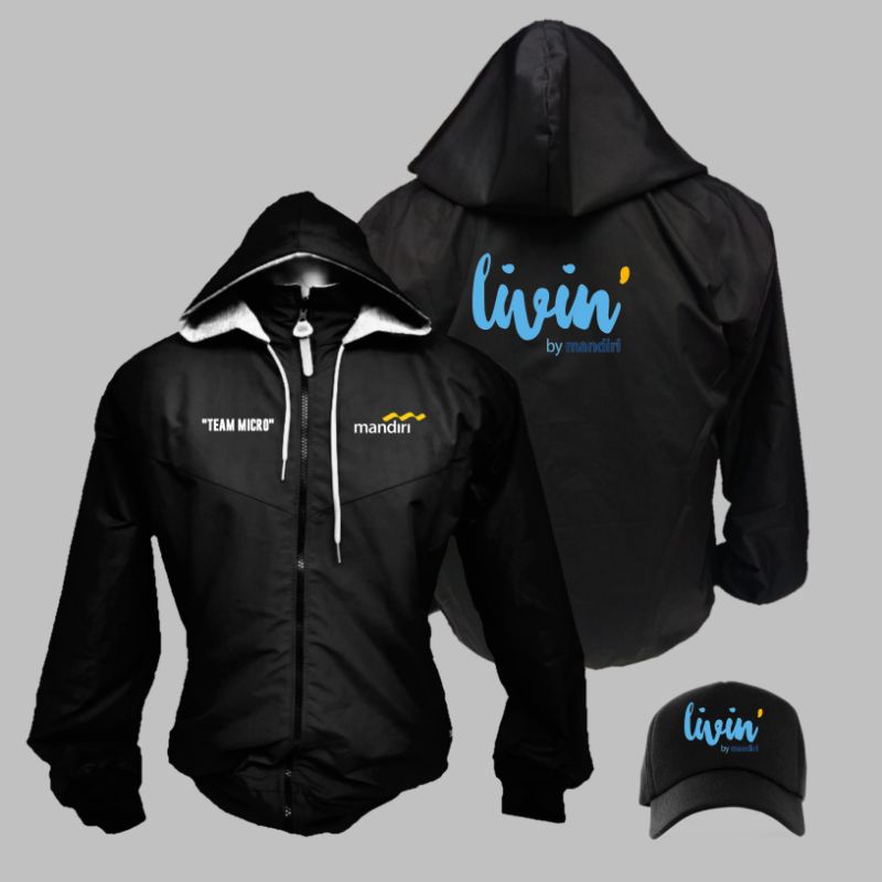 Jual Jaket Logo Livin by mandiri Parasut free topi costume nama ...