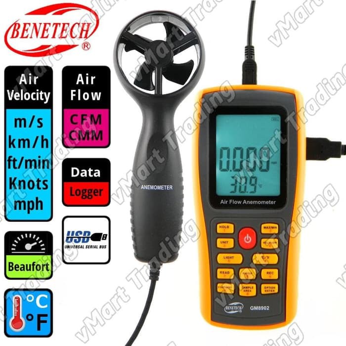 Jual GM8902 Benetech Anemometer Data Logger USB Flow Meter GM-8902 CFM ...
