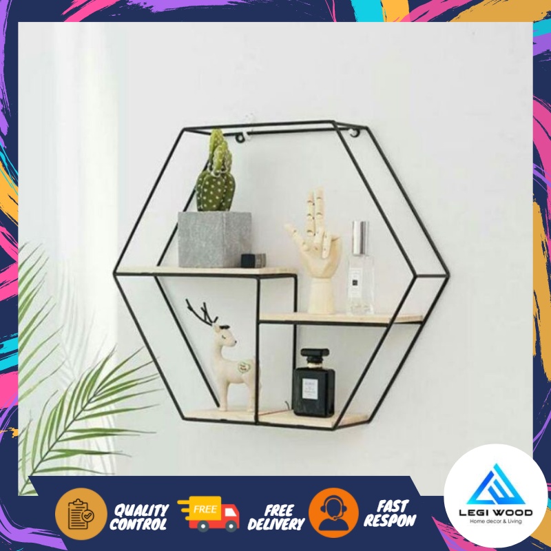Jual Rak ambalan dekorasi dinding gantung kayu tempel hexagonal segi ...