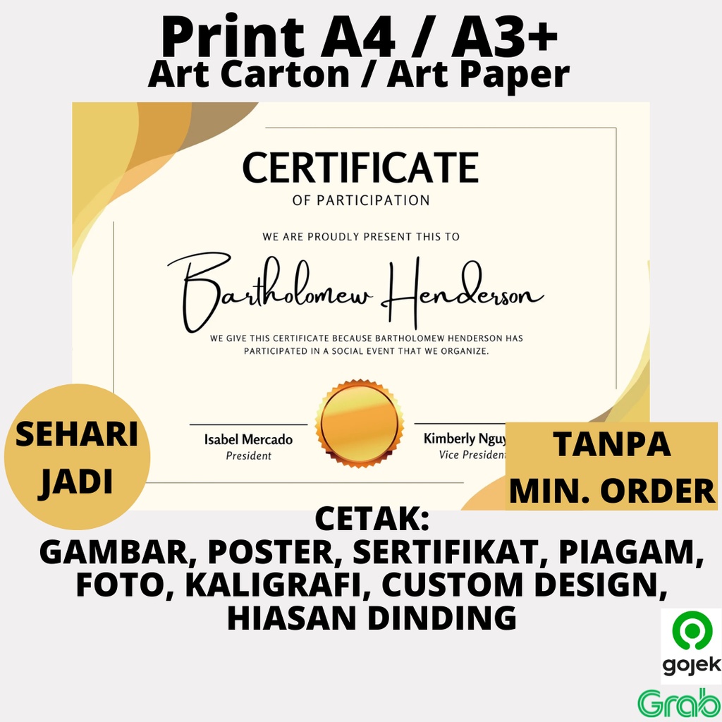 Jual Cetak Art Carton A4 A3 A3+ Glossy Doff Sertifikat Piagam ...