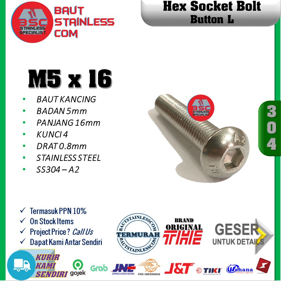 Jual BAUT KANCING M5X16 - BUTTON L SOCKET CAP SCREW SS304 A2 ISI 10 PCS ...