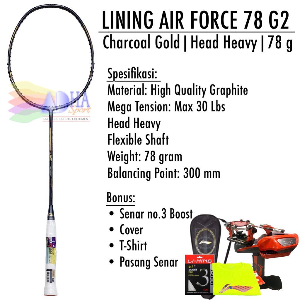 Jual Raket Badminton Lining Air Force 78 G2 Charcoal Gold Original ...