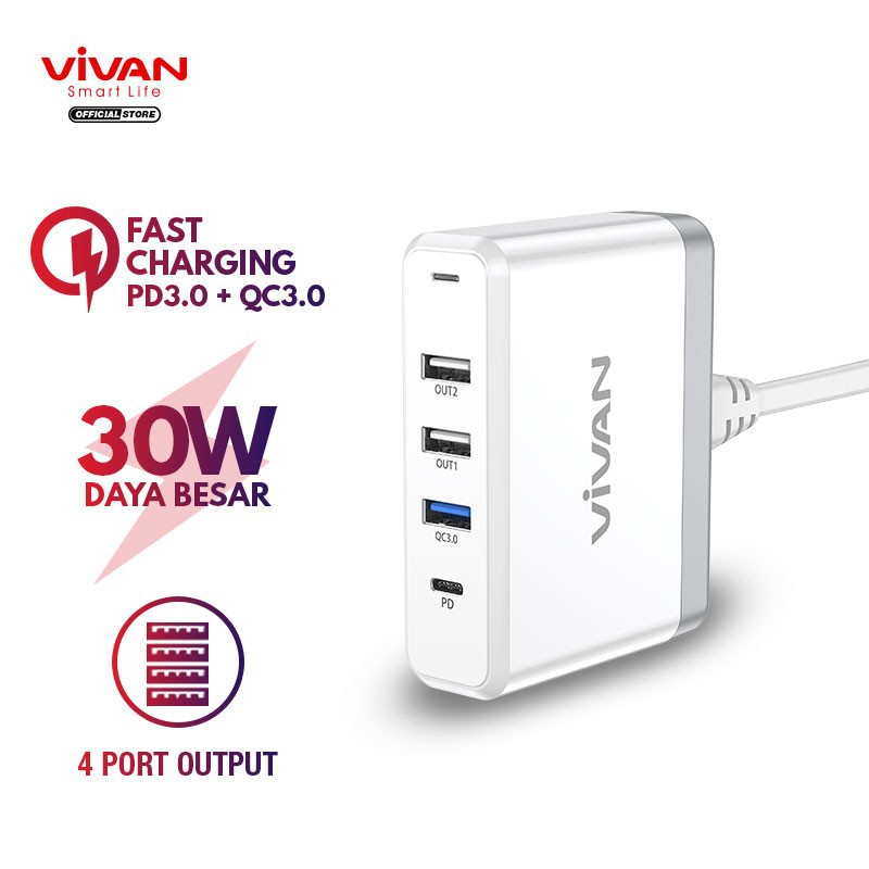 Jual ADAPTOR CHARGER VIVAN XQ4 30Watt 5.4A PD QC3.0 4 Port USB - ORIGINAL Garansi 1 Tahun By ...