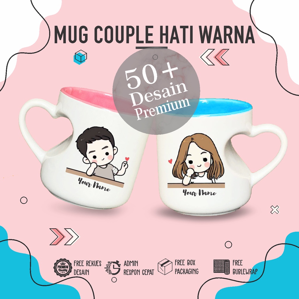 Jual Mug Couple Hati Warna //desain eksklusif bisa custom tulisan dan ...