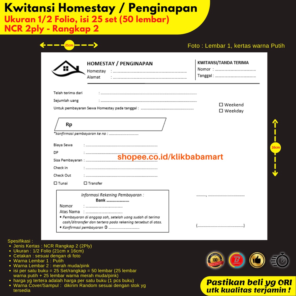 Jual KWITANSI HOMESTAY PENGINAPAN VILLA HOTEL 1/2 FOLIO RANGKAP 2 PUTIH ...