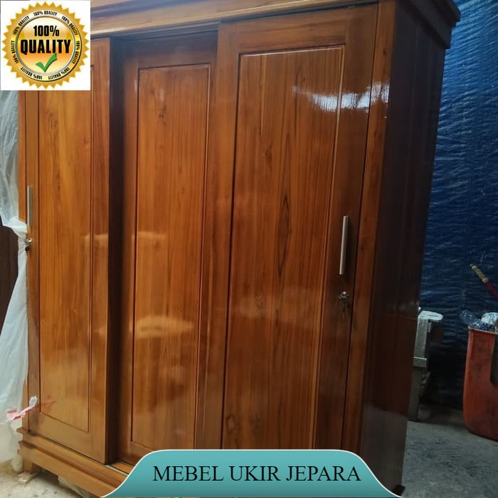 Jual Lemari pakaian 3 pintu sliding kayu jati asli jepara | Shopee Indonesia