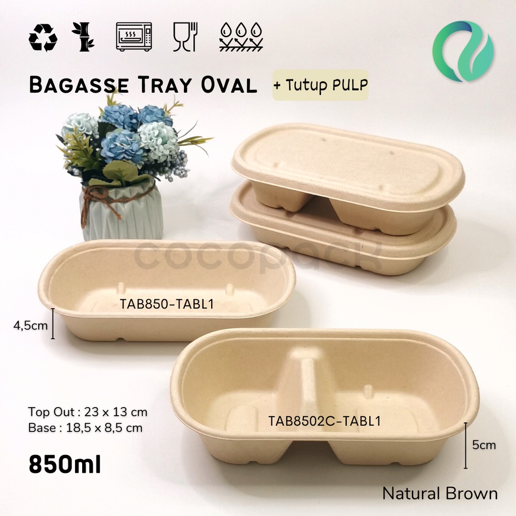 Jual Bagasse Oval 850ml Sekat 2 dan Tanpa Sekat Tutup Pulp 10 PCS | Shopee Indonesia