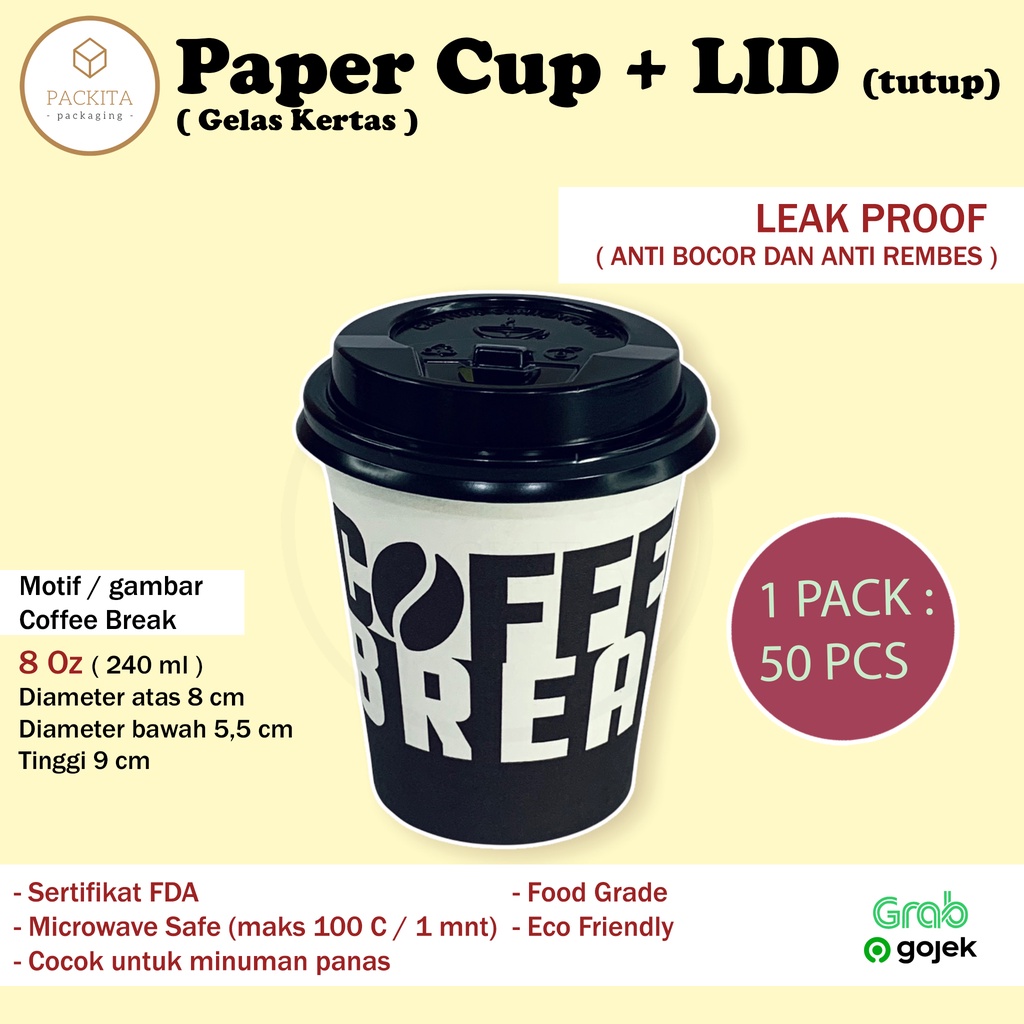 Jual Paper Hot Cup Motif Coffee Break 8 Oz 240 ml + Lid / Tutup (50 pcs) | Shopee Indonesia