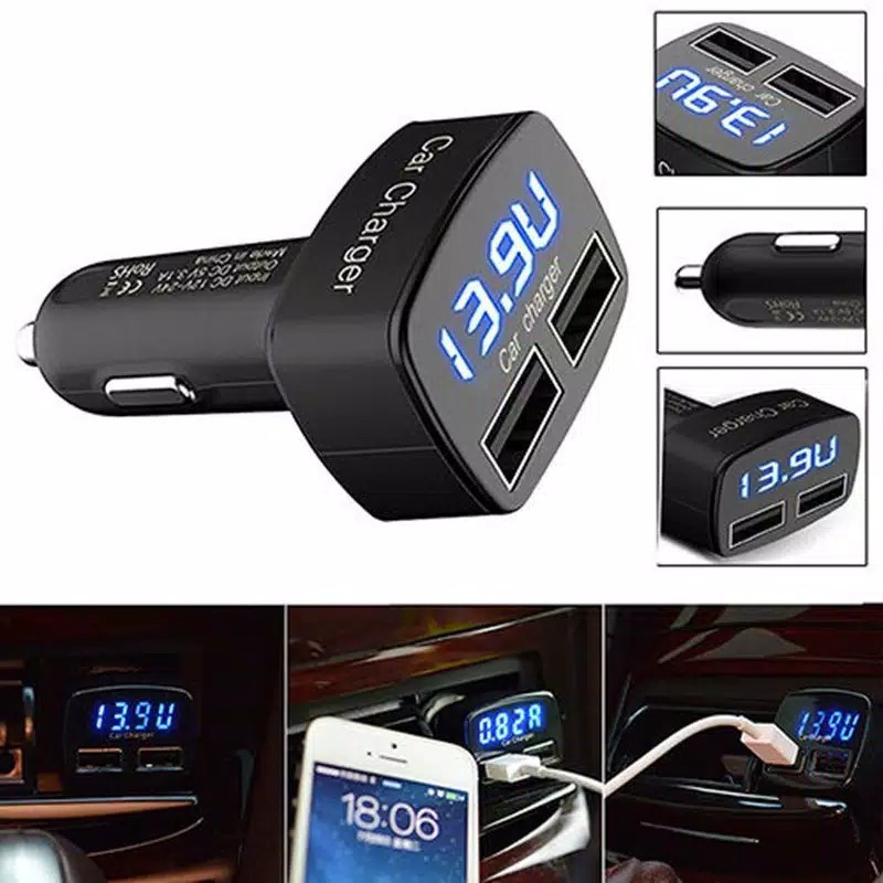 Jual Charger Mobil Dual USB 5v 3.1 A 4 in 1 dengan Voltmeter, Amperemeter, Temperatur Digital ...