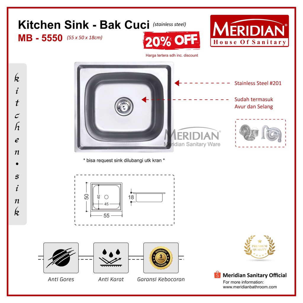 Jual MERIDIAN Stainless Kitchen Sink MB 5550 | Shopee Indonesia