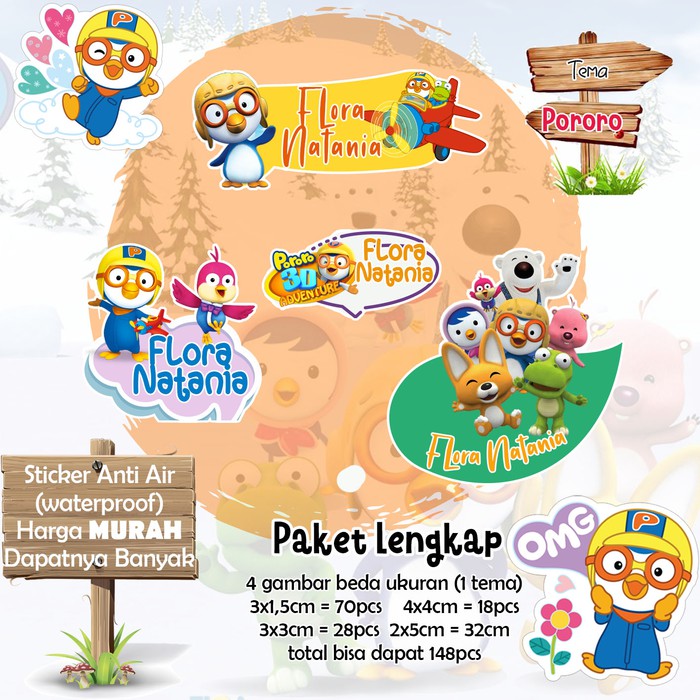 Jual Sticker Nama Lucu/Custom/Kartun/Cartoon/Waterproof - PORORO 95pc ...