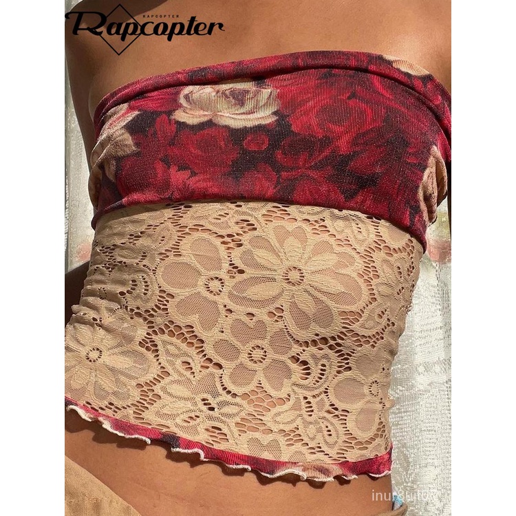 Jual Rapcopter Floral Retro Tube Top Y2k Lace Patched Backless
