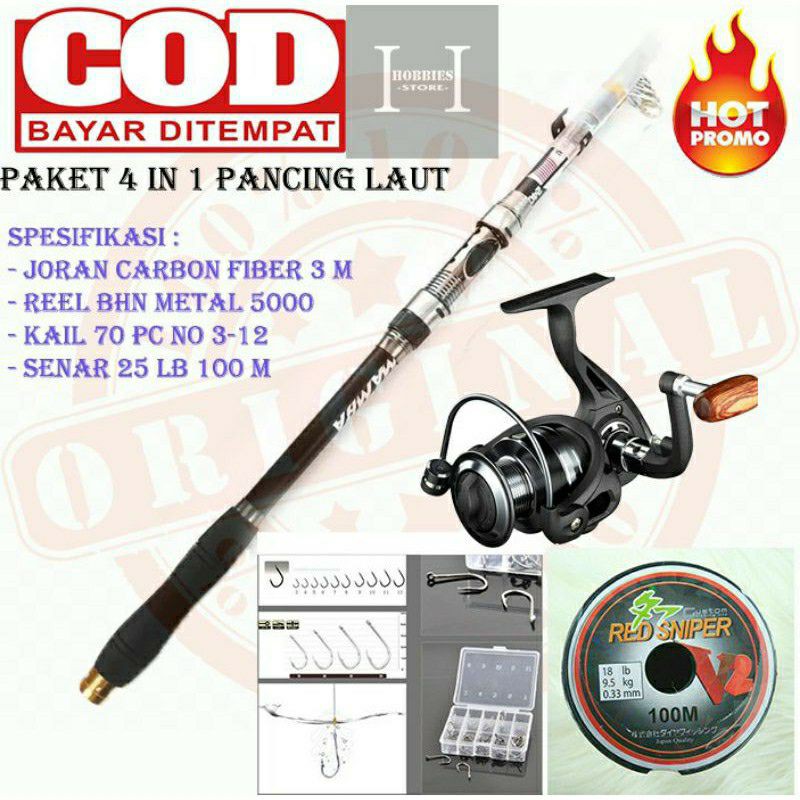 Jual Set Pancing Laut Paket 4 in 1 MNZ Joran Reel Kail dan Senar ...