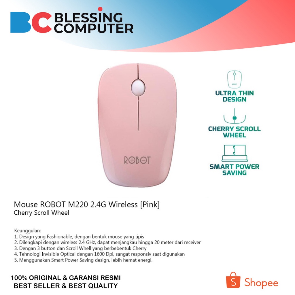 Jual Mouse ROBOT M220 2.4G Wireless [Pink] Cherry Scroll Wheel | Shopee ...