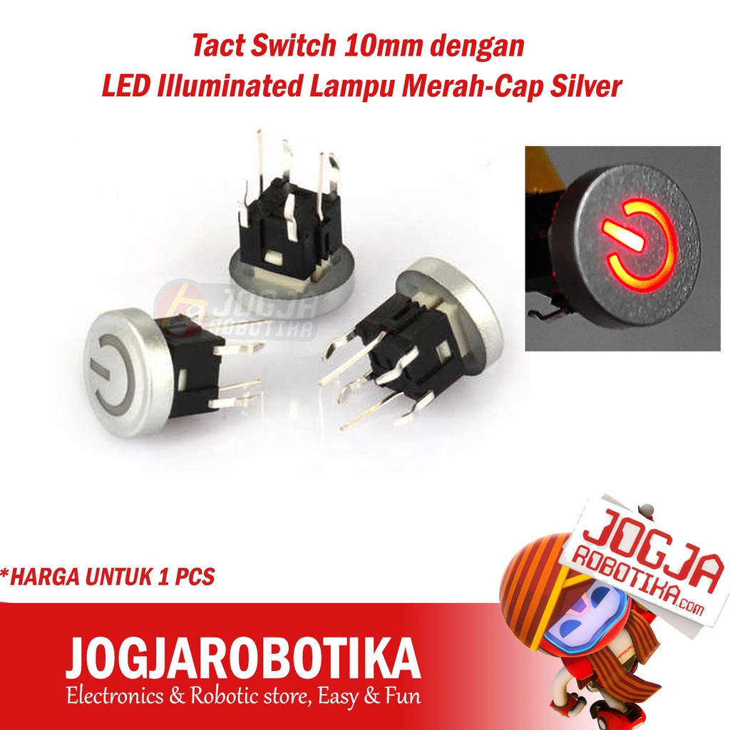 Jual Tact Switch 10mm dengan LED Illuminated Lampu Merah-Cap Silver ...