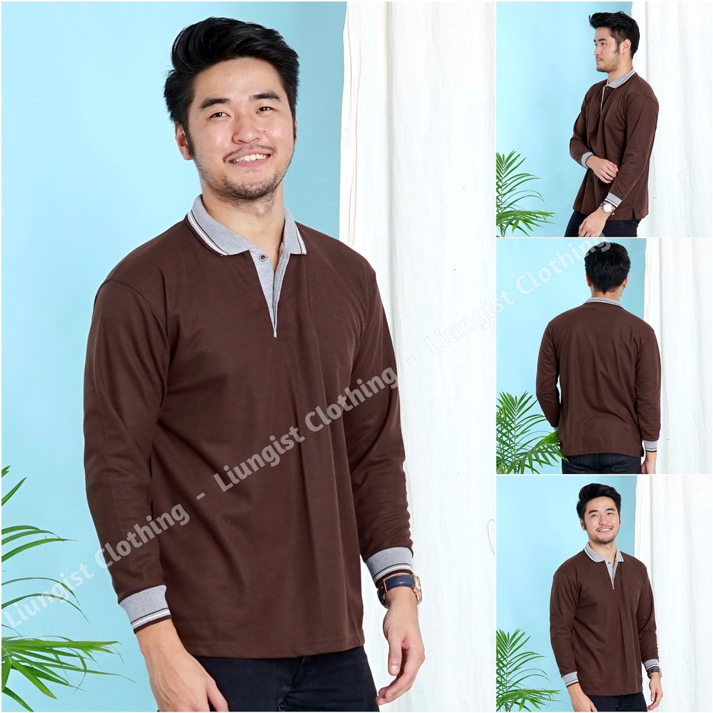Jual Kaos Polo Panjang Unisex Coklat Kerah Abu / Kaos Kerah / Poloshirt / Polo Shirt Panjang ...