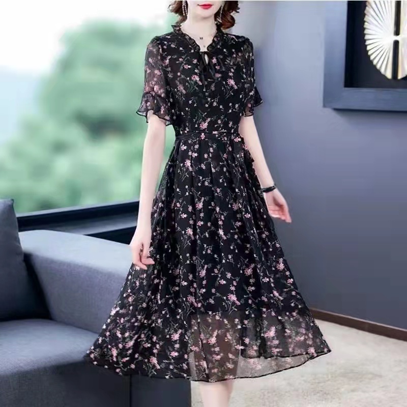 Jual baru gaun panjang sifon floral bottoming gaya Korea/korea dress ...