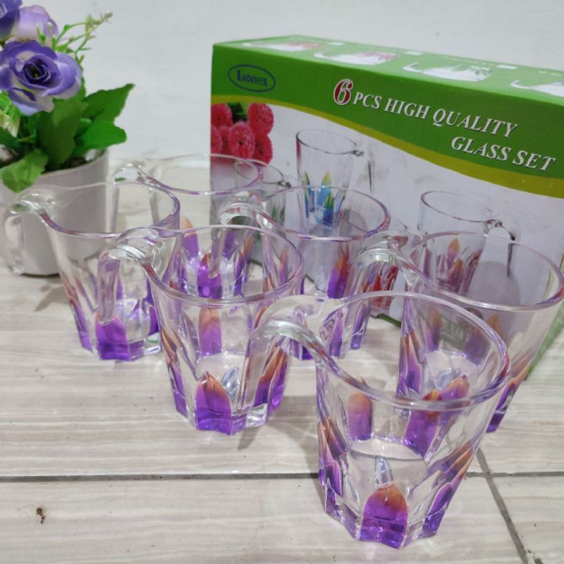 Jual Gelas Kaca Lionex Set Warna warni 1 Box Isi 6 pcs Dengan Desain yg begitu Cantik & Mewah ...