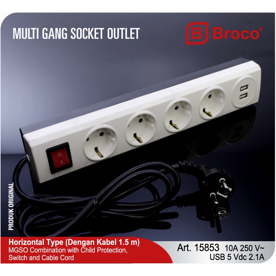 Jual Broco Electrical 15853 Stop Kontak 4 Lubang (CP + 2 USB Dengan Kabel) | Shopee Indonesia